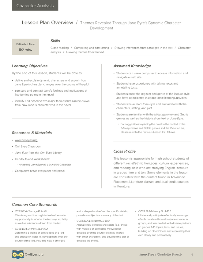 Jane Eyre Character Analysis Lesson Plan Owl Eyes