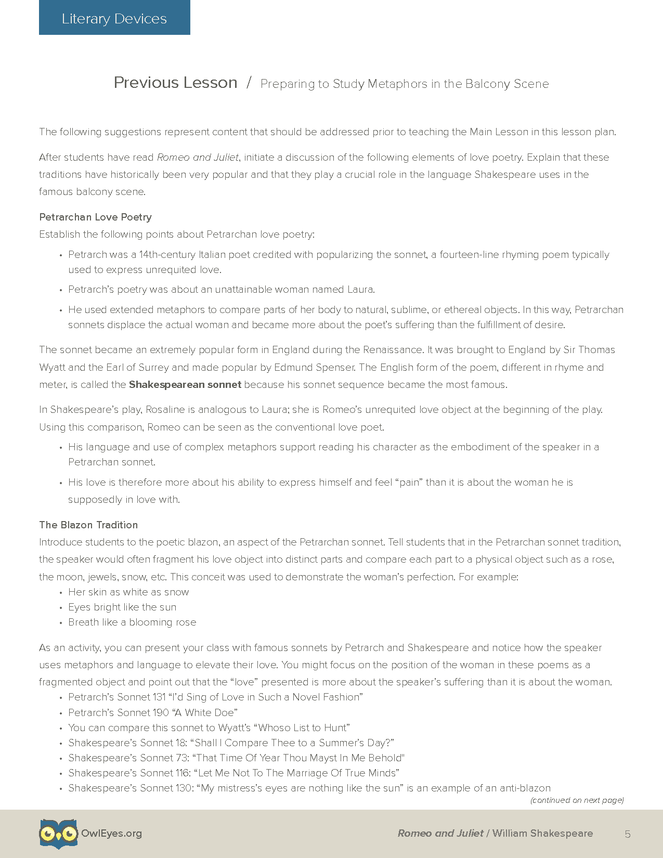 Romeo And Juliet Literary Devices Lesson Plan Owl Eyes