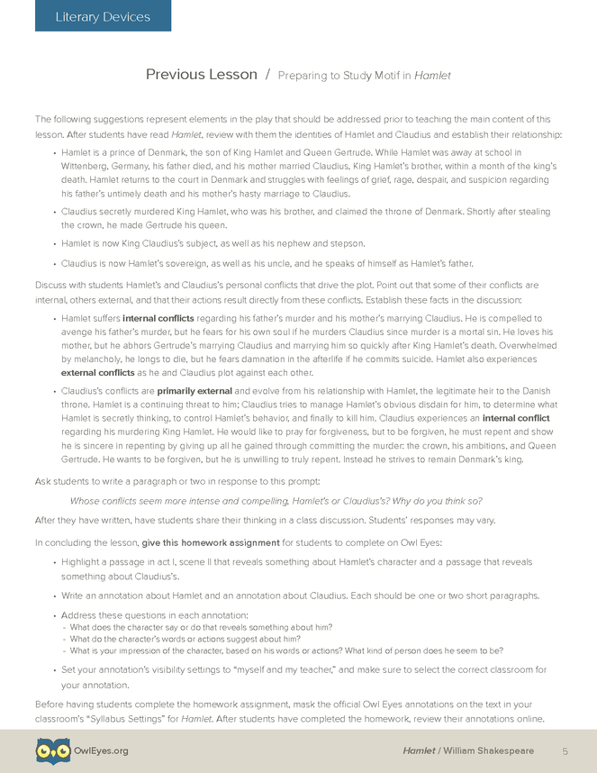 Hamlet Literary Devices Lesson Plan Owl Eyes