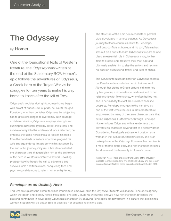 The Odyssey Character Analysis Lesson Plan Owl Eyes