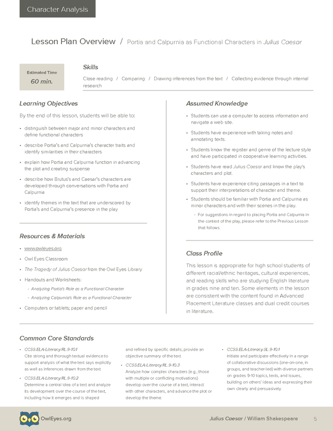 Julius Caesar Character Analysis Lesson Plan Owl Eyes